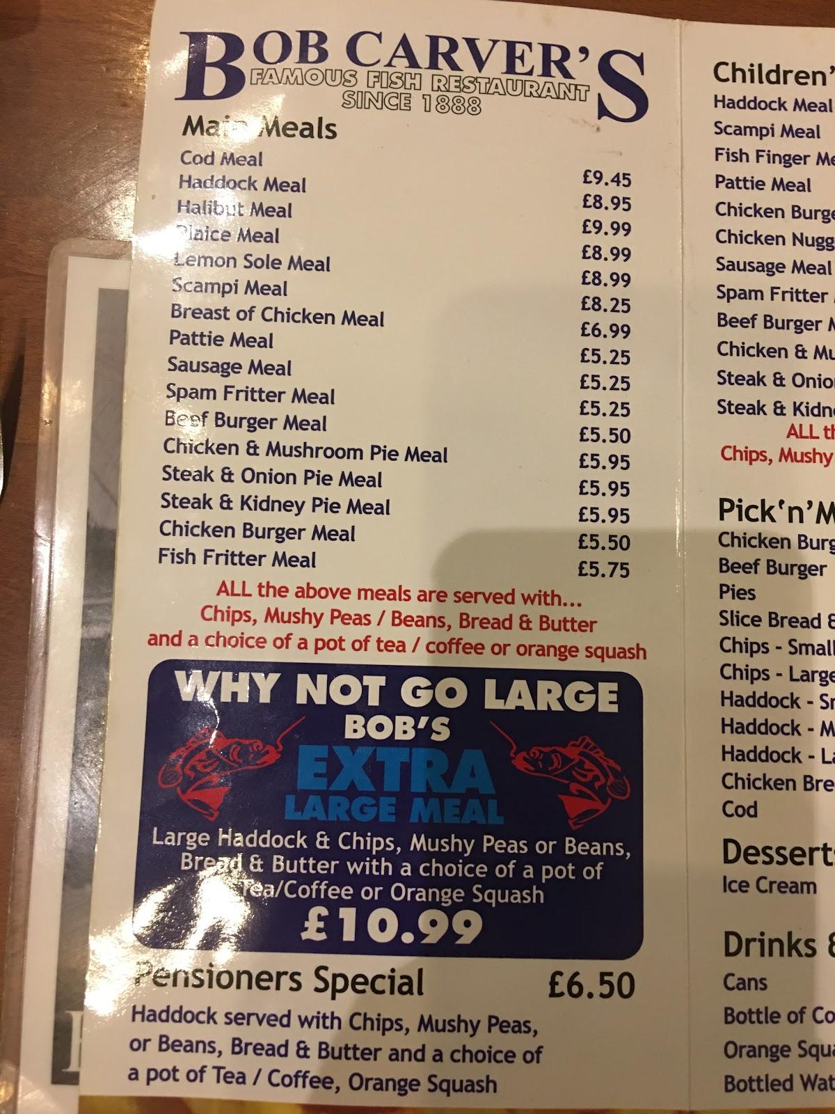 Menu at Bob Carver's restaurant, Hull, 3 Chapel St