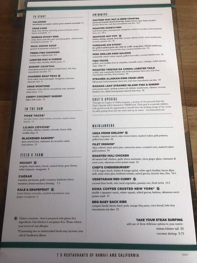 Menu at Duke's Malibu restaurant, Malibu