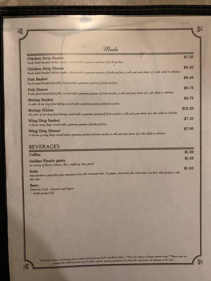 Menu at Old Farm Inn restaurant, Carrolltown