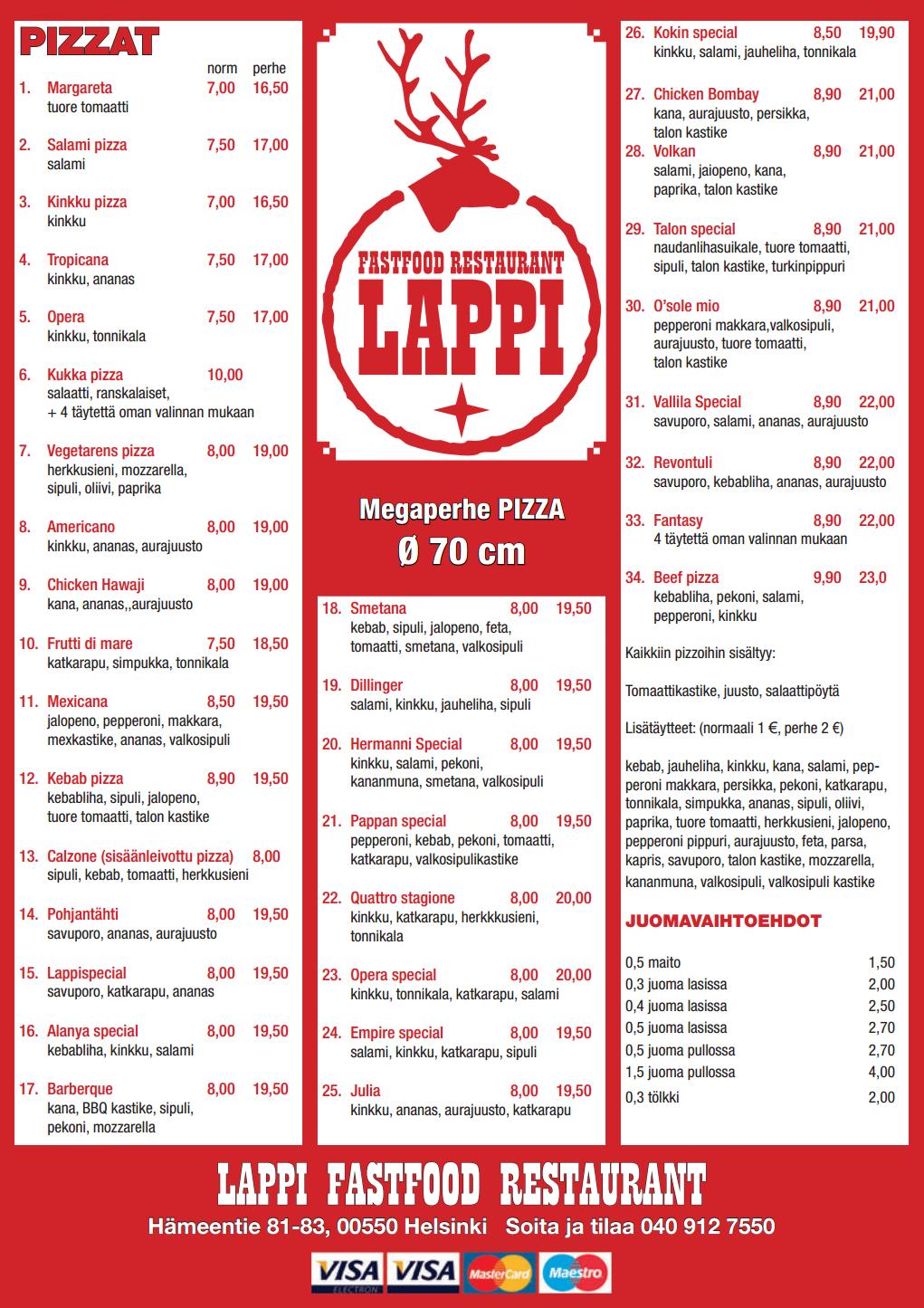 Menu at Power Pizza restaurant, Helsinki