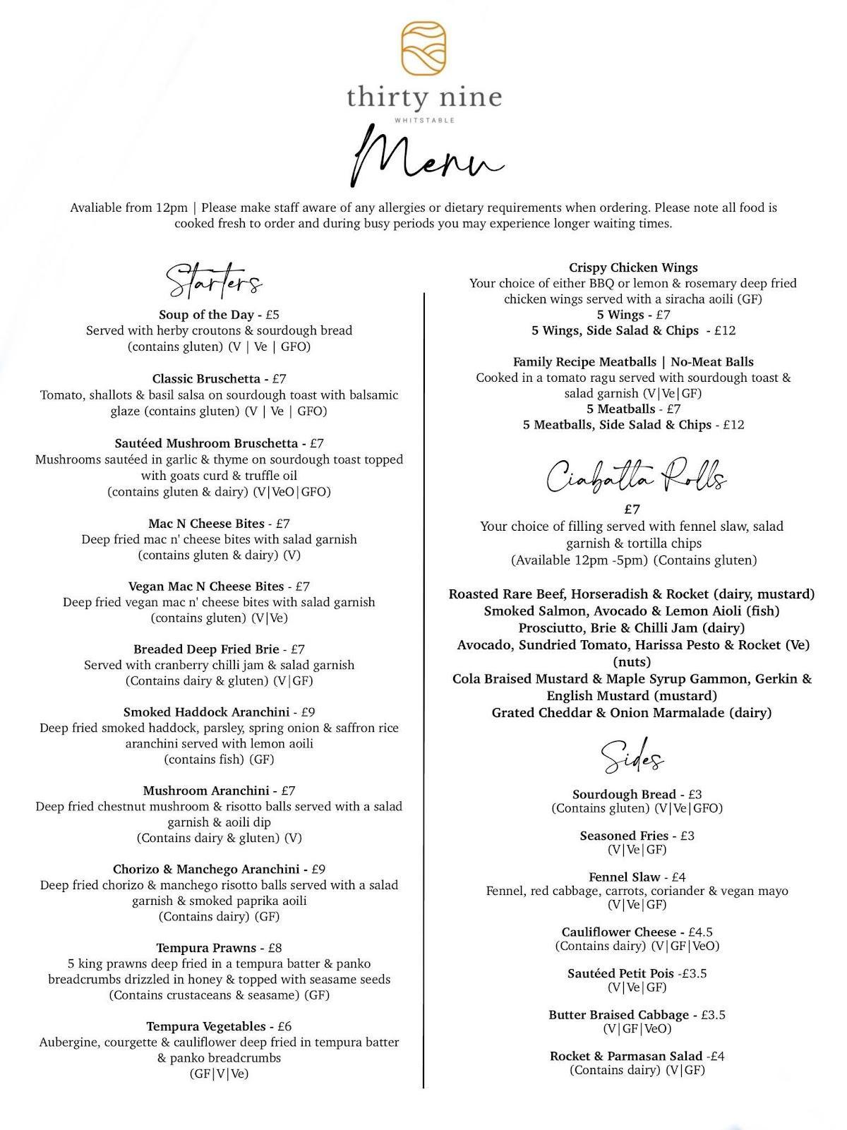 Menu at Thirty Nine Whitstable restaurant, Whitstable
