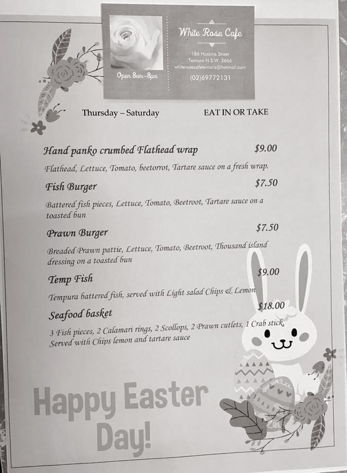 Carta de White Rose Cafe, Temora