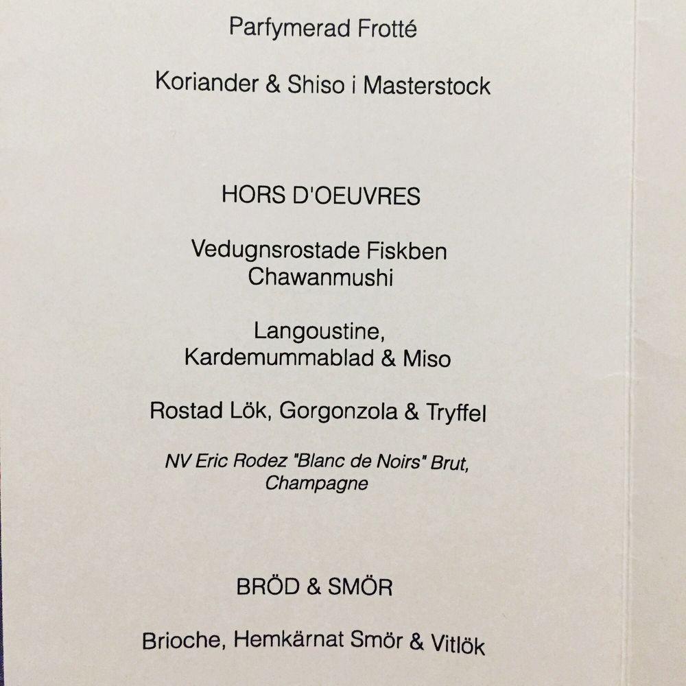 Menu at Aloë restaurant, Stockholm, Svartlösavägen 52