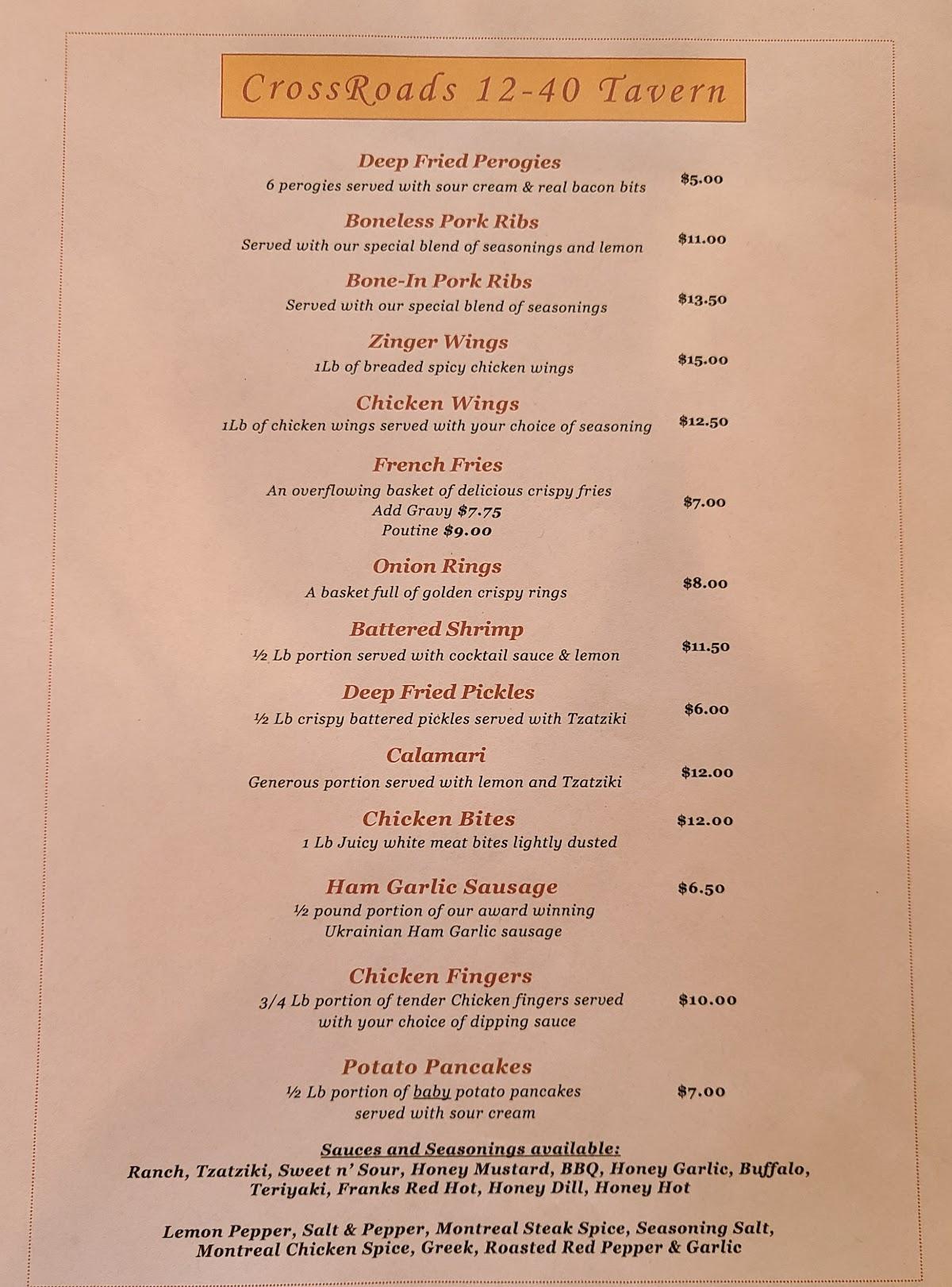 Menu at CrossRoads 12-40 Tavern Ltd pub & bar, Blaine Lake