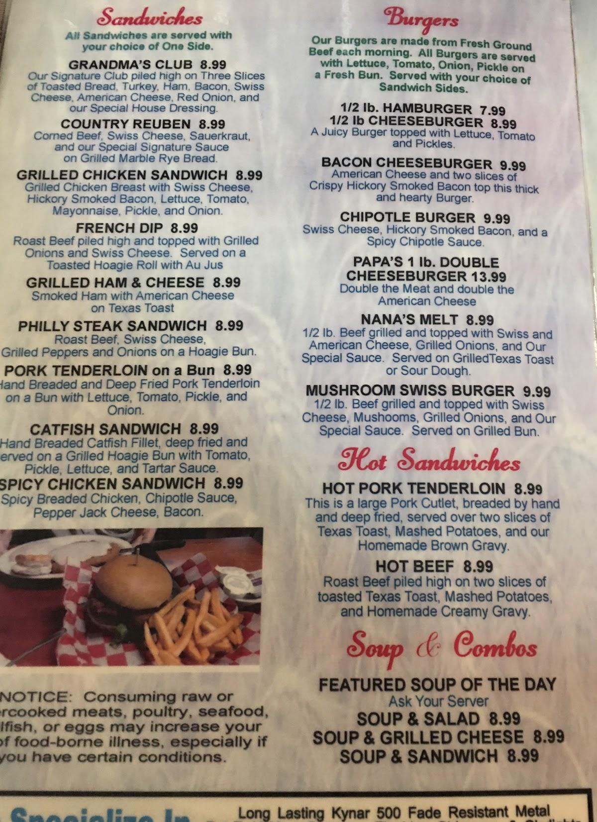 Menu at Grandma's Cafe, Branson, W 76 Country Blvd