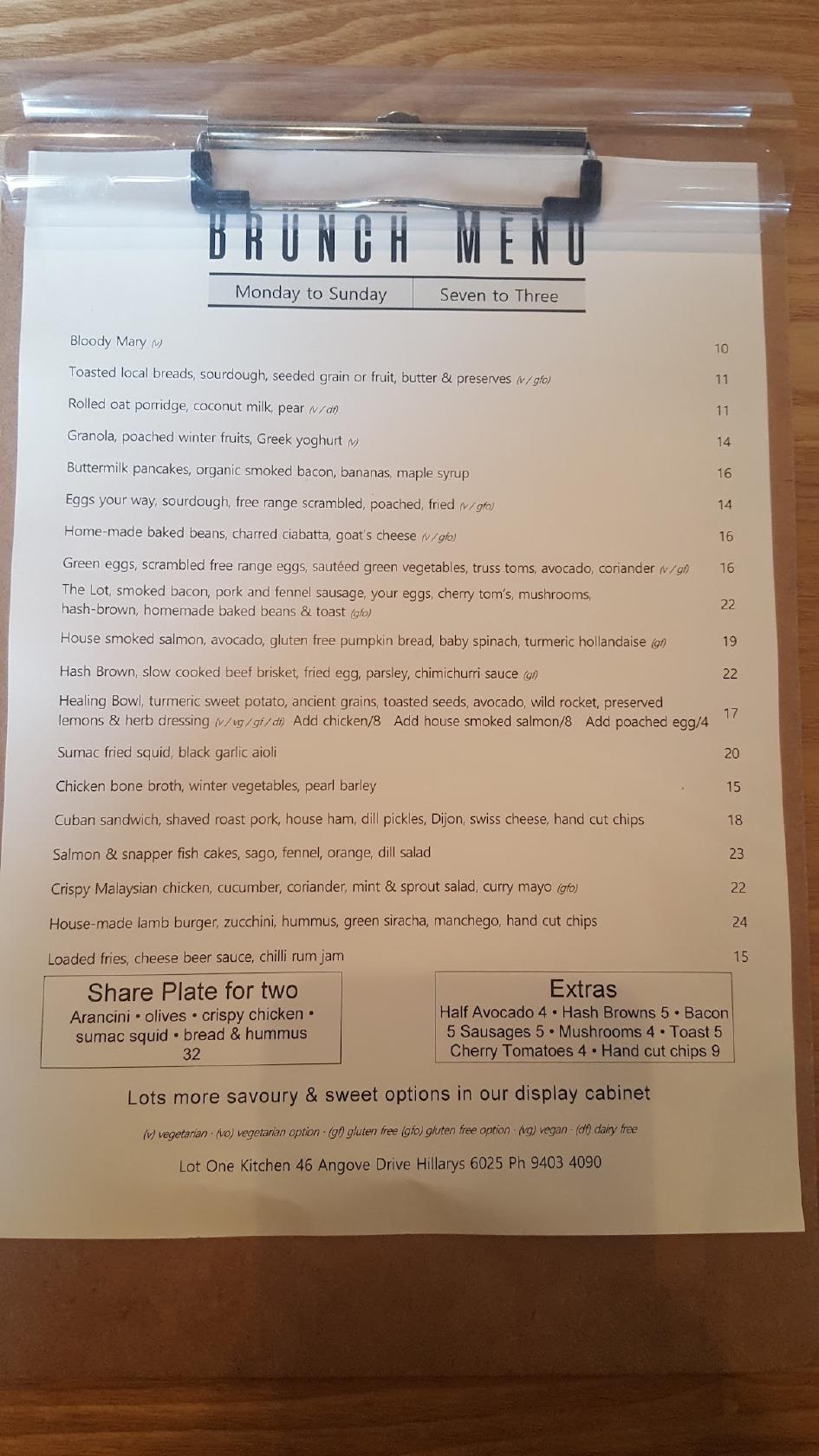 Menu at Lot One Kitchen cafe, Hillarys