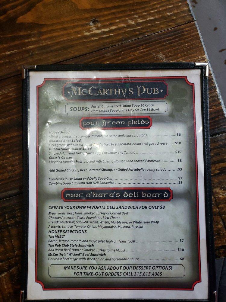 Menu at McCarthy's Irish Pub, Cazenovia