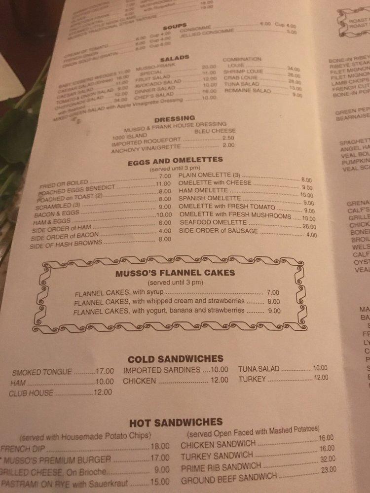 Menu at Musso & Frank Grill pub & bar, Los Angeles