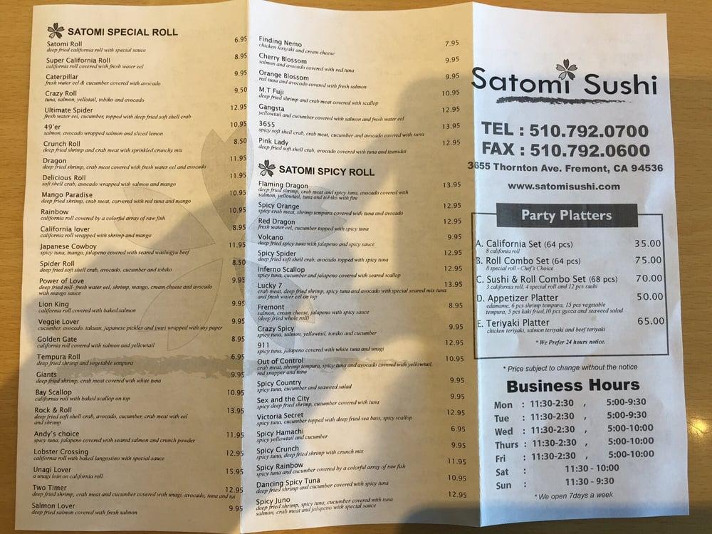 Menu at Satomi Sushi restaurant, Fremont, Thornton Ave