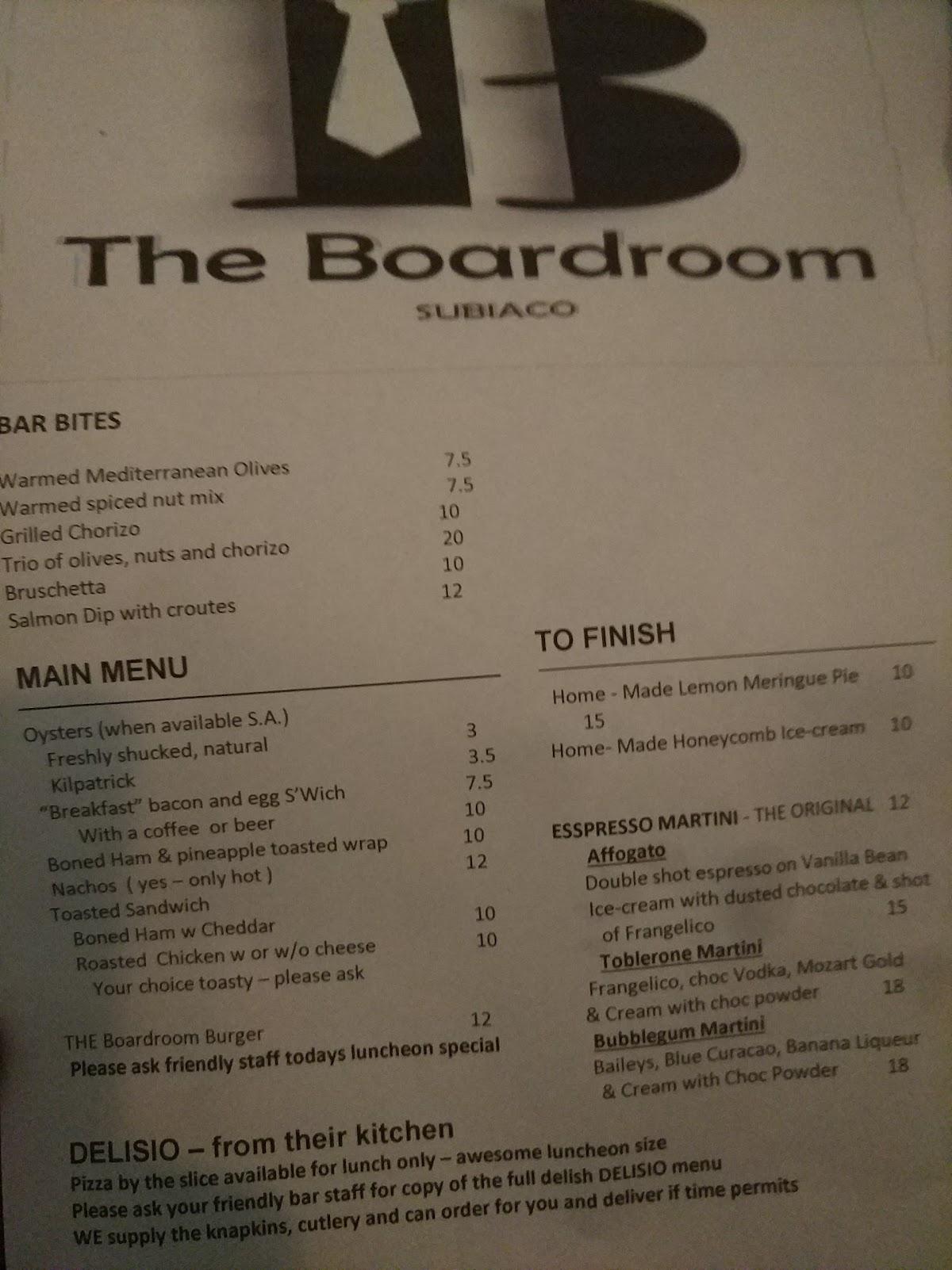 Menu at The Boardroom pub & bar, Subiaco