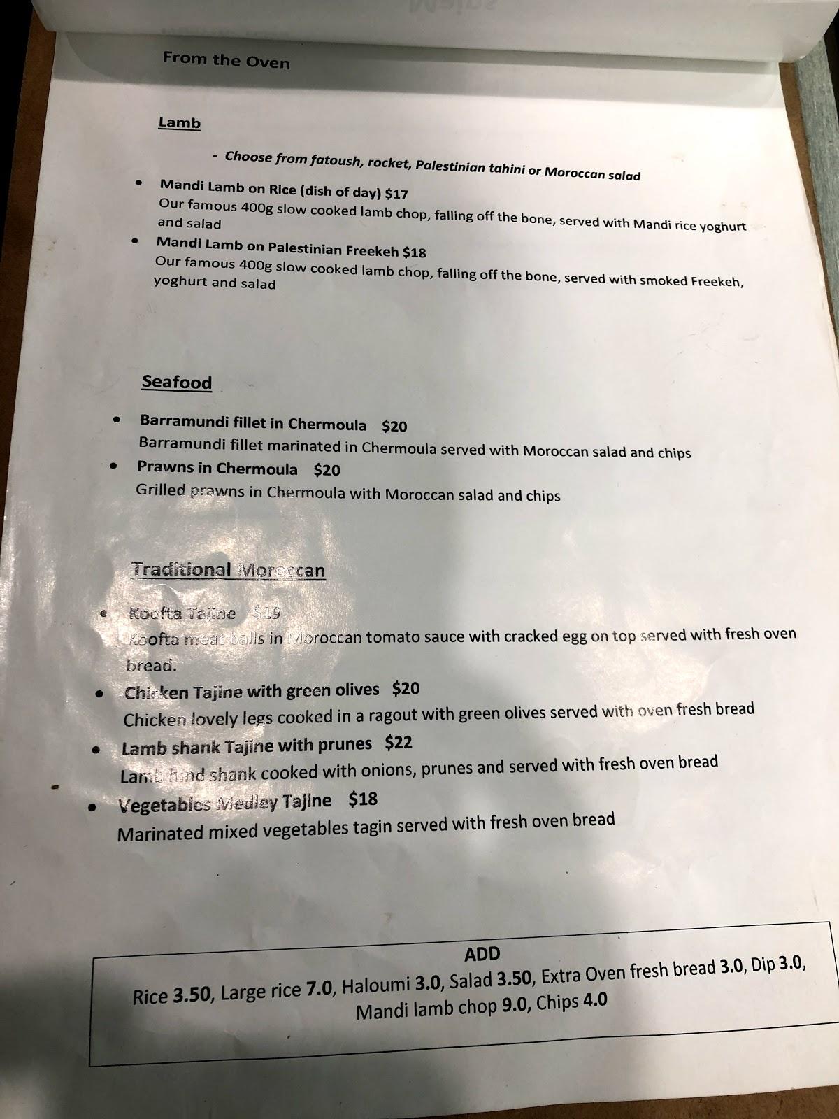 Menu at Arabella's Middle Eastern restaurant, West End