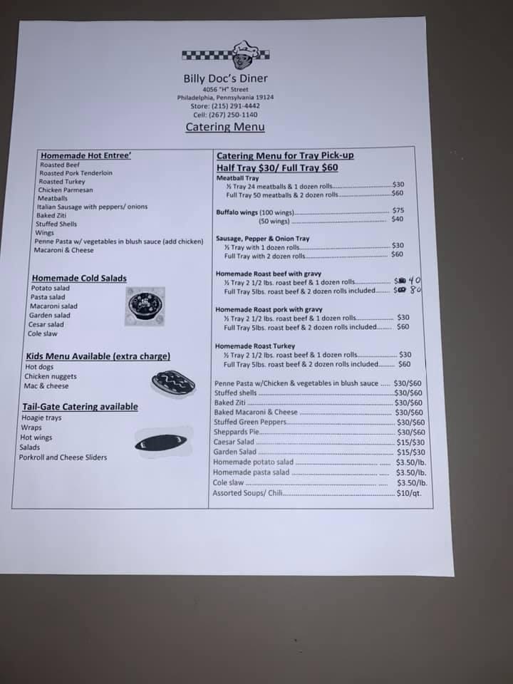 Menu at Billy Doc's restaurant, Philadelphia, H St
