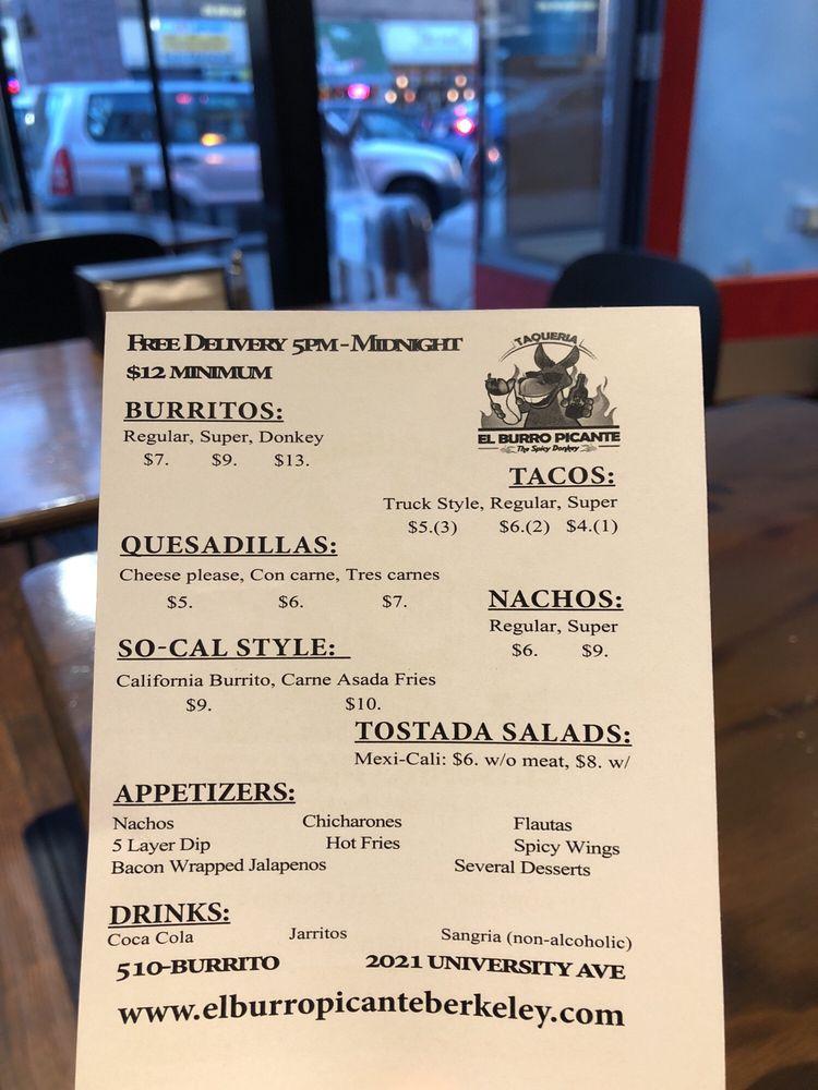 Menu at El Burro Picante restaurant, Berkeley