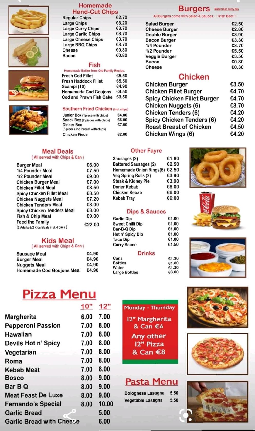 Menu at Fernando's restaurant, Riverstown