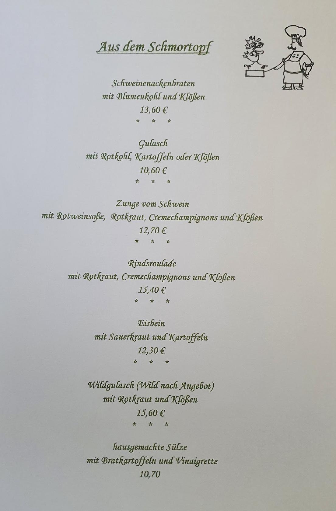 Menu at Gasthaus Schmidt restaurant, Meineweh
