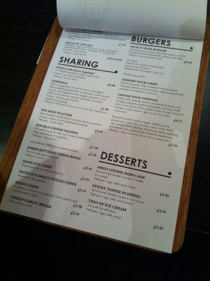 Menu at Inn Deep pub & bar, Glasgow