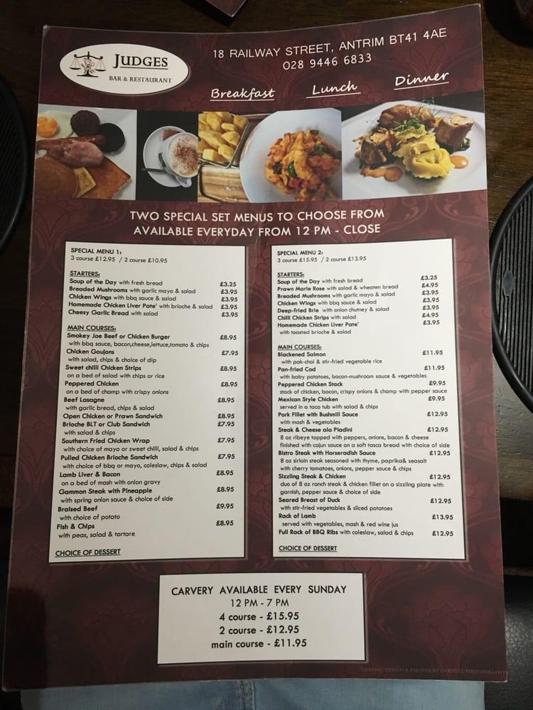 Menu at Judges restaurant, Antrim