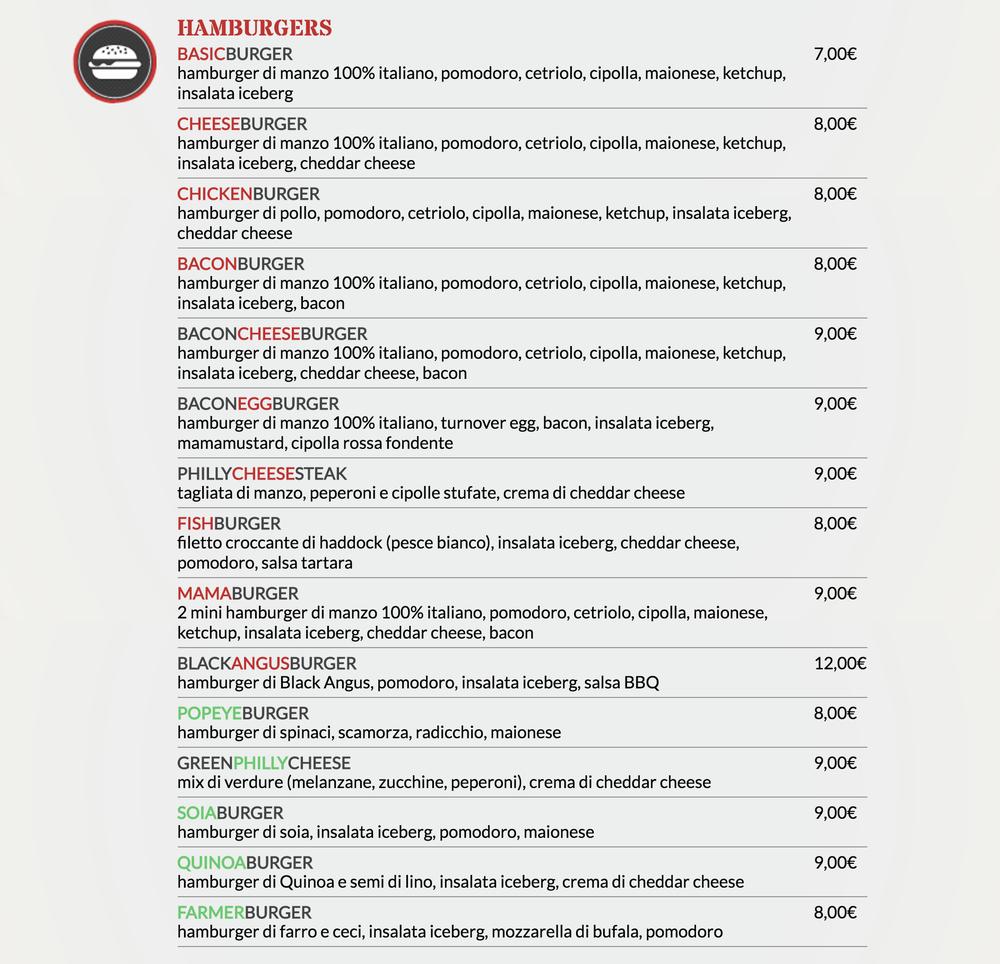 Menu au Mama Burger fast food, Milan, food court piano -1