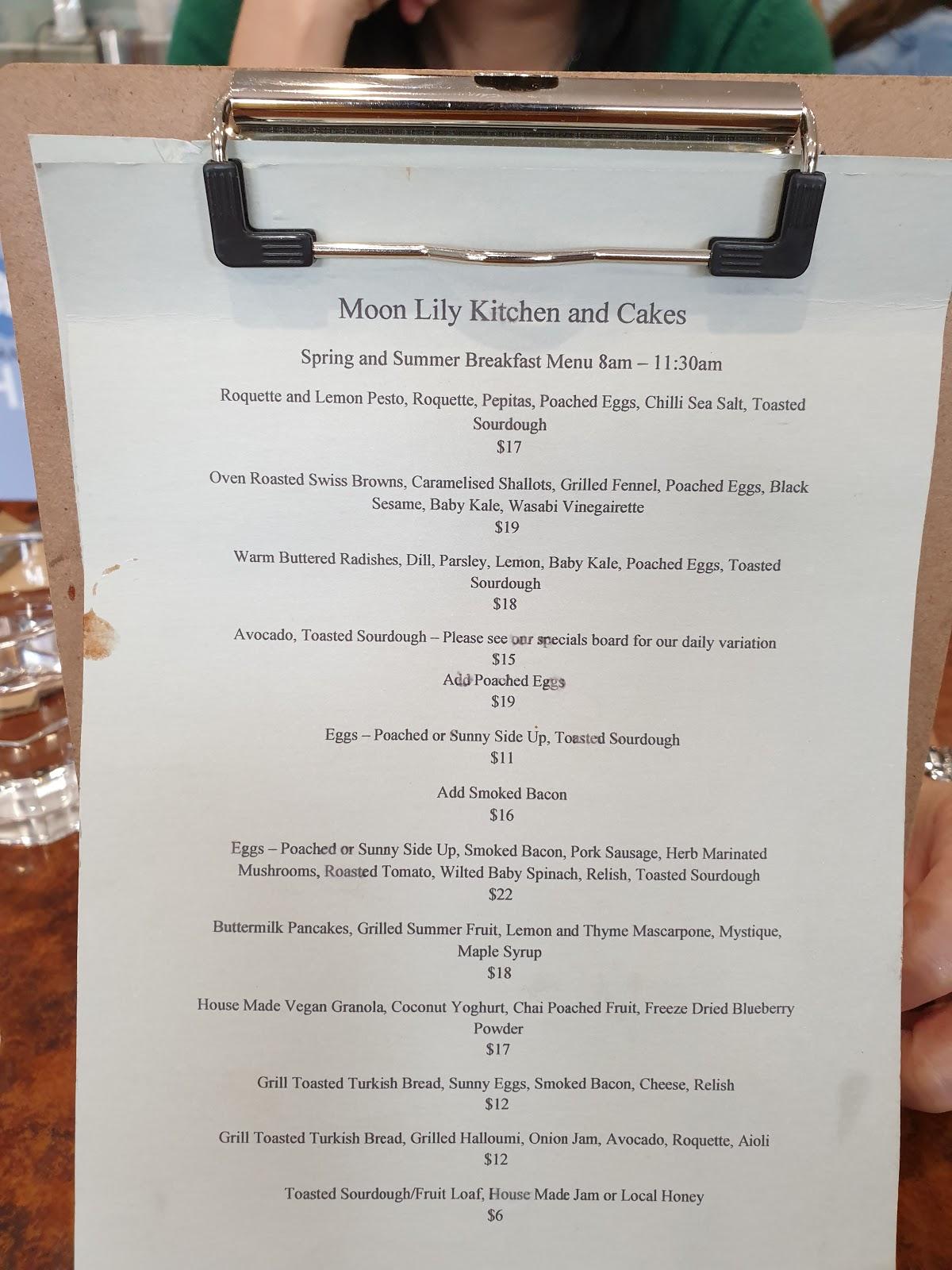 Menu at Moon Lily Kitchen and Cakes cafe, Beaconsfield