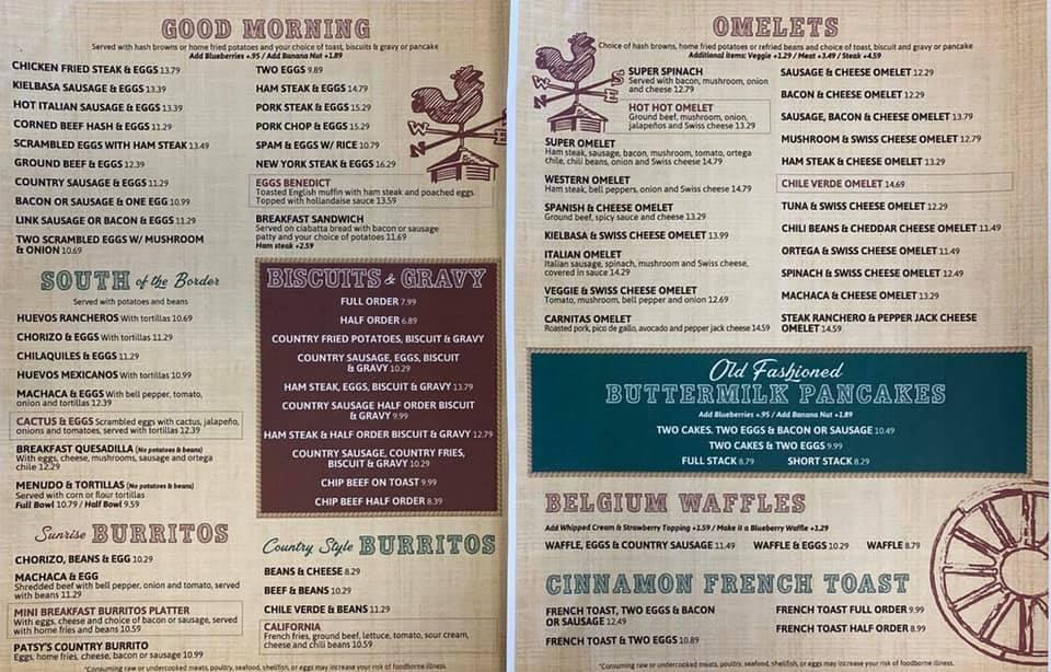 Menu at Patsy's Country Kitchen restaurant, Banning