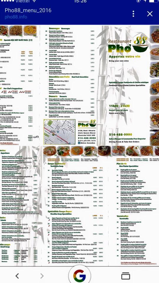 Menu at Phở 88 restaurant, Montréal, Decarie Blvd