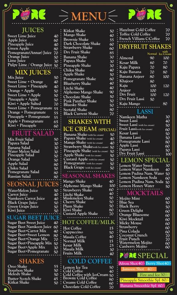 Menu at Pure Sip, Bhopal, Shop no.17
