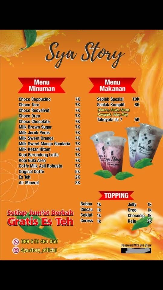 Menu at Sya Story cafe, Brati
