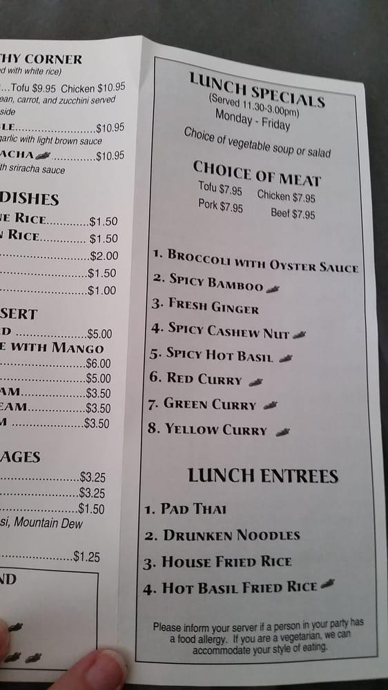Menu at Bee's Thai Cuisine restaurant, Providence