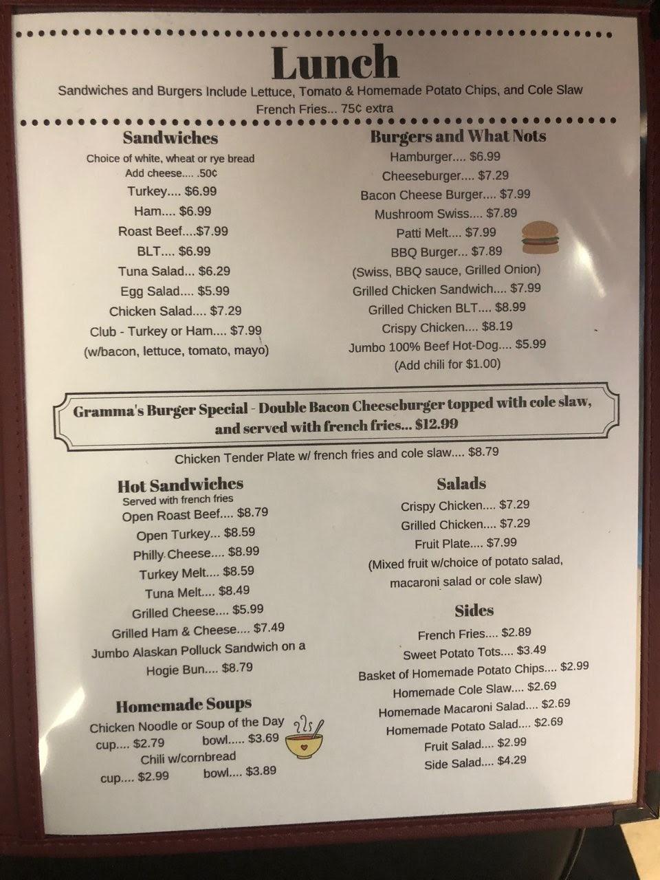 Menu at Gramma's cafe, Summerfield