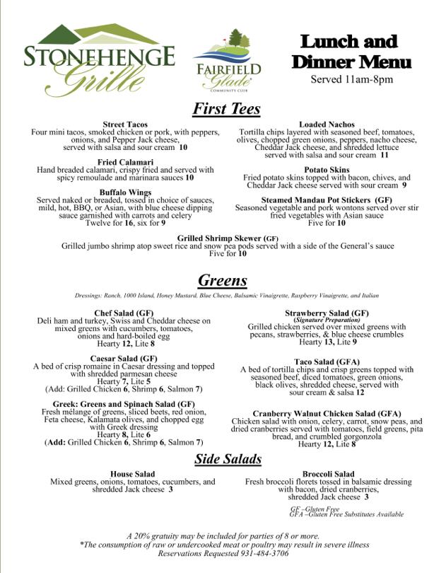 Menu at Legends Restaurant, Fairfield Glade, 433 Lakeview Dr