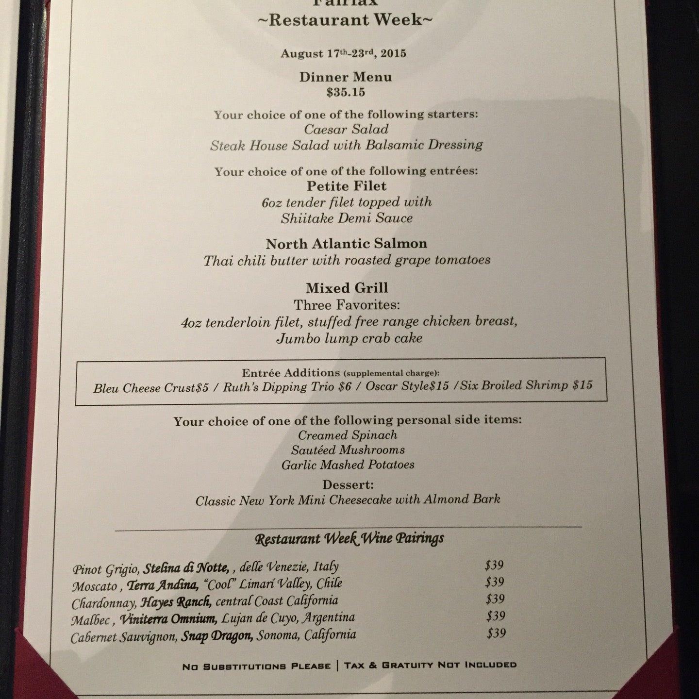 Menu at Ruth's Chris Steak House pub & bar, Fairfax