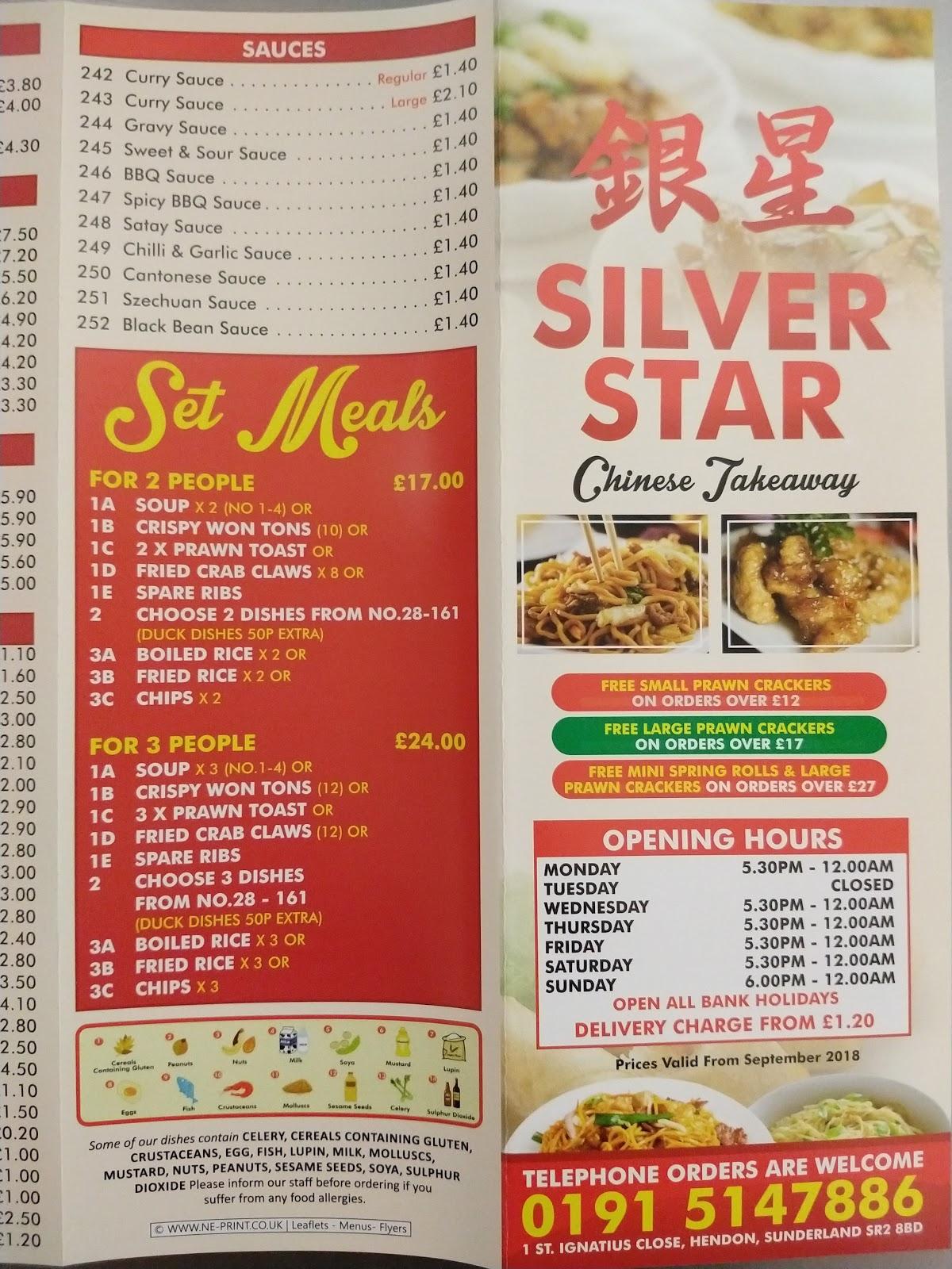 Menu at Silver Star fast food, Sunderland