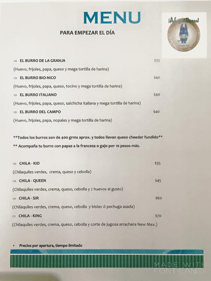 Menu at Ah que burro restaurant, Mexico City