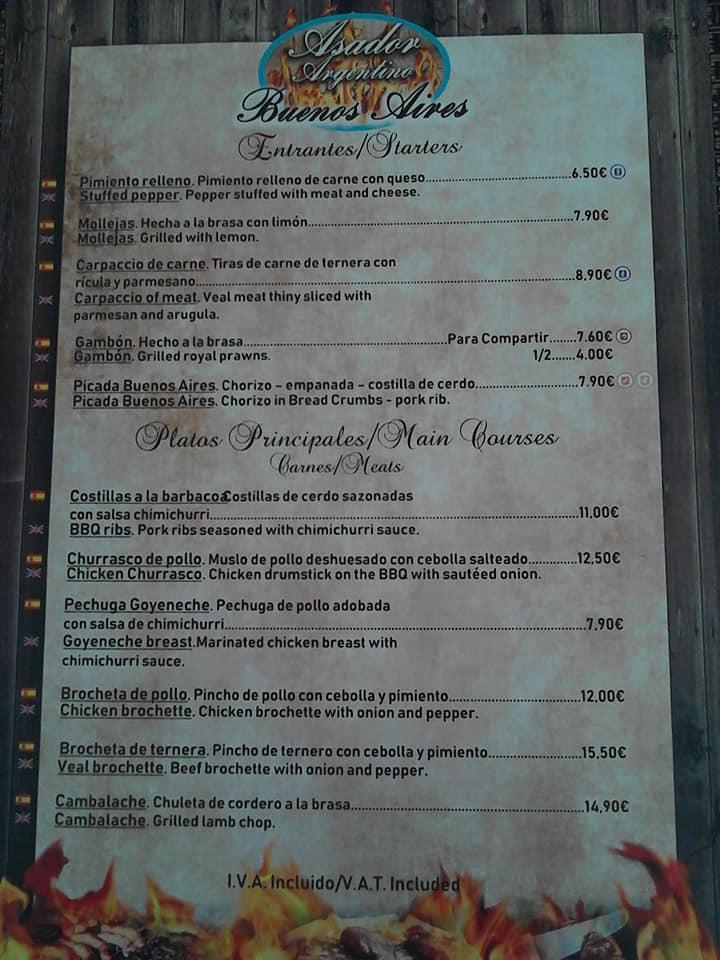 Menu at Steak House Buenos Aires Asador restaurant, Rojales