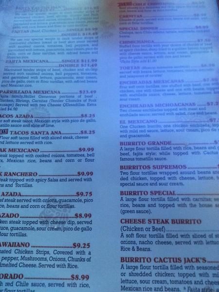 Menu at Cactus Jack's Mexican Restaurant, Conway