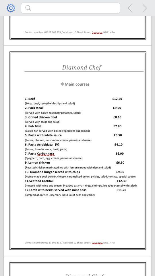 Menu at Diamond Chef restaurant, Daventry
