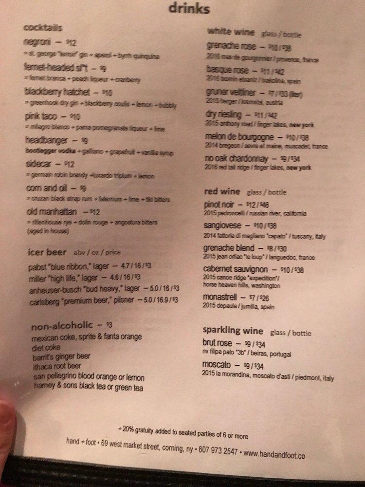 Menu at Hand + Foot pub & bar, Corning