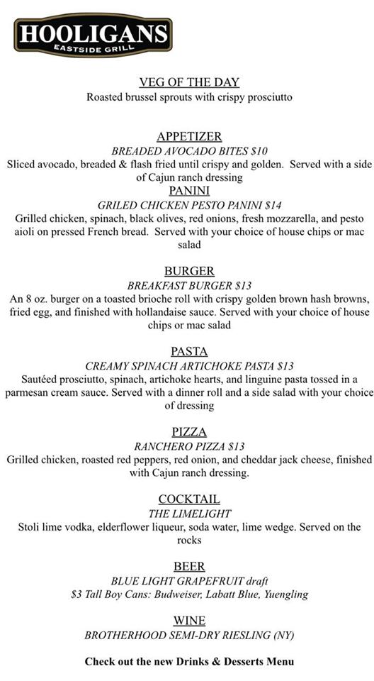 Menu at Hooligans Eastside Grill pub & bar, Rochester
