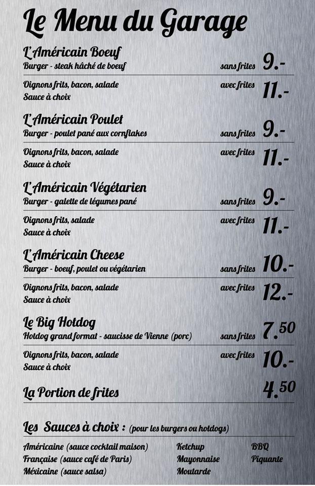 Menu da Le Garage, Nyon