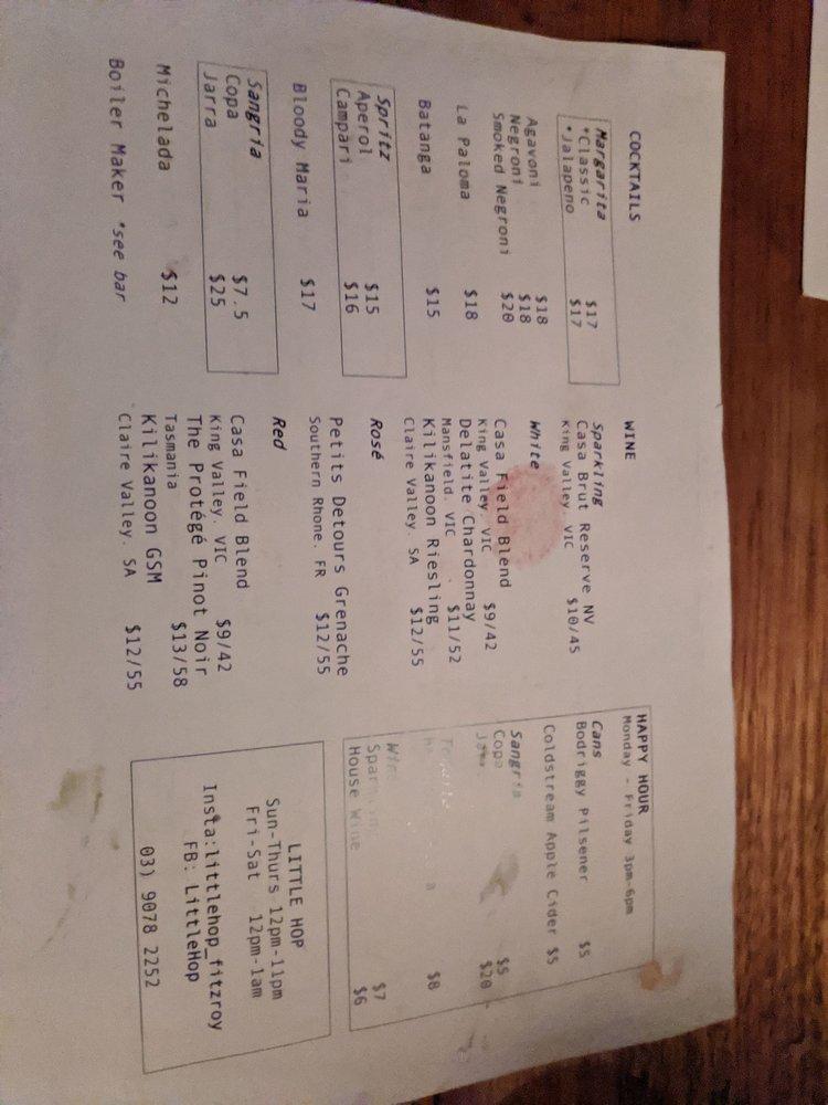 Menu at Little Hop pub & bar, Fitzroy
