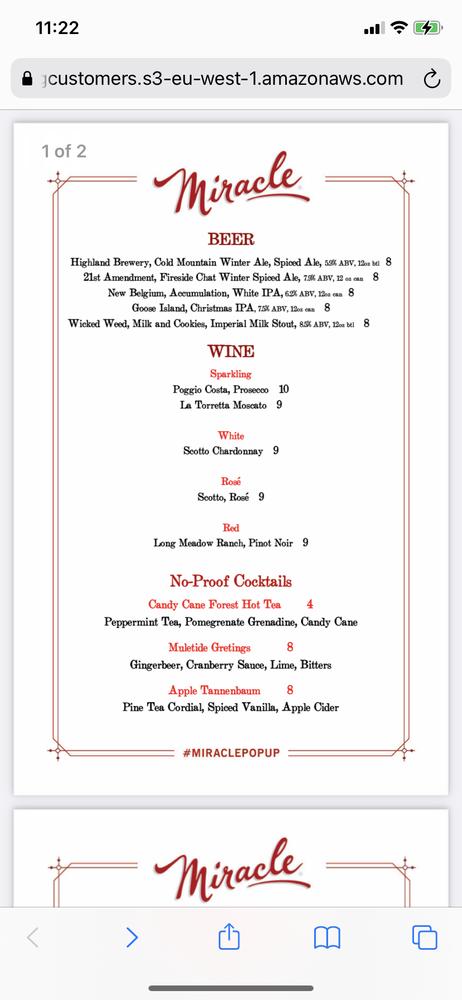 Menu at Miracle Two - Atlanta restaurant, Atlanta