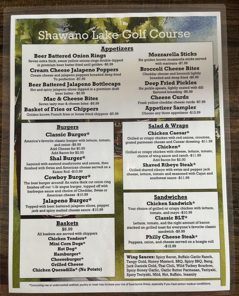 Menu at Shawano Lake Golf Course restaurant, Shawano