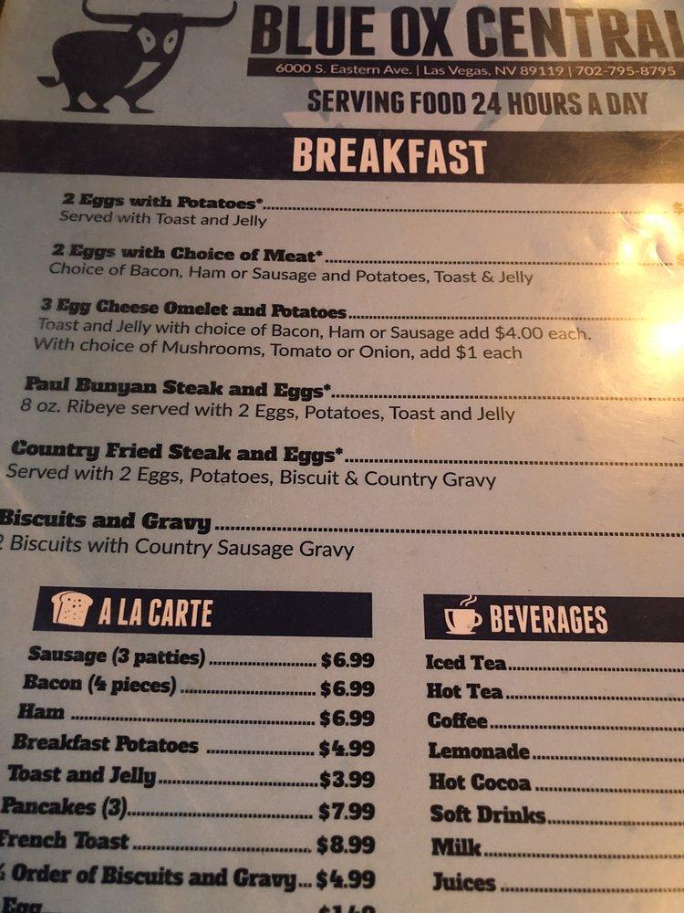 Menu at Blue Ox Central pub & bar, Las Vegas, S Eastern Ave
