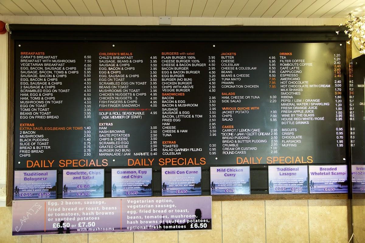 Menu at Carats Cafe Bar on the beach, Hove