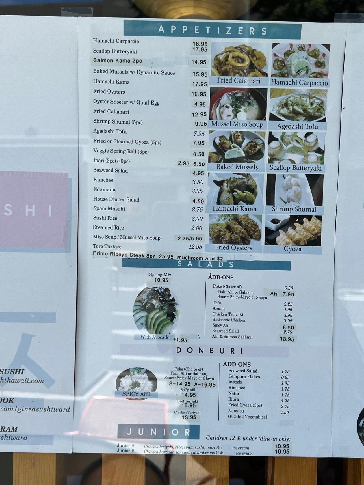Menu at Ginza Sushi restaurant, Honolulu