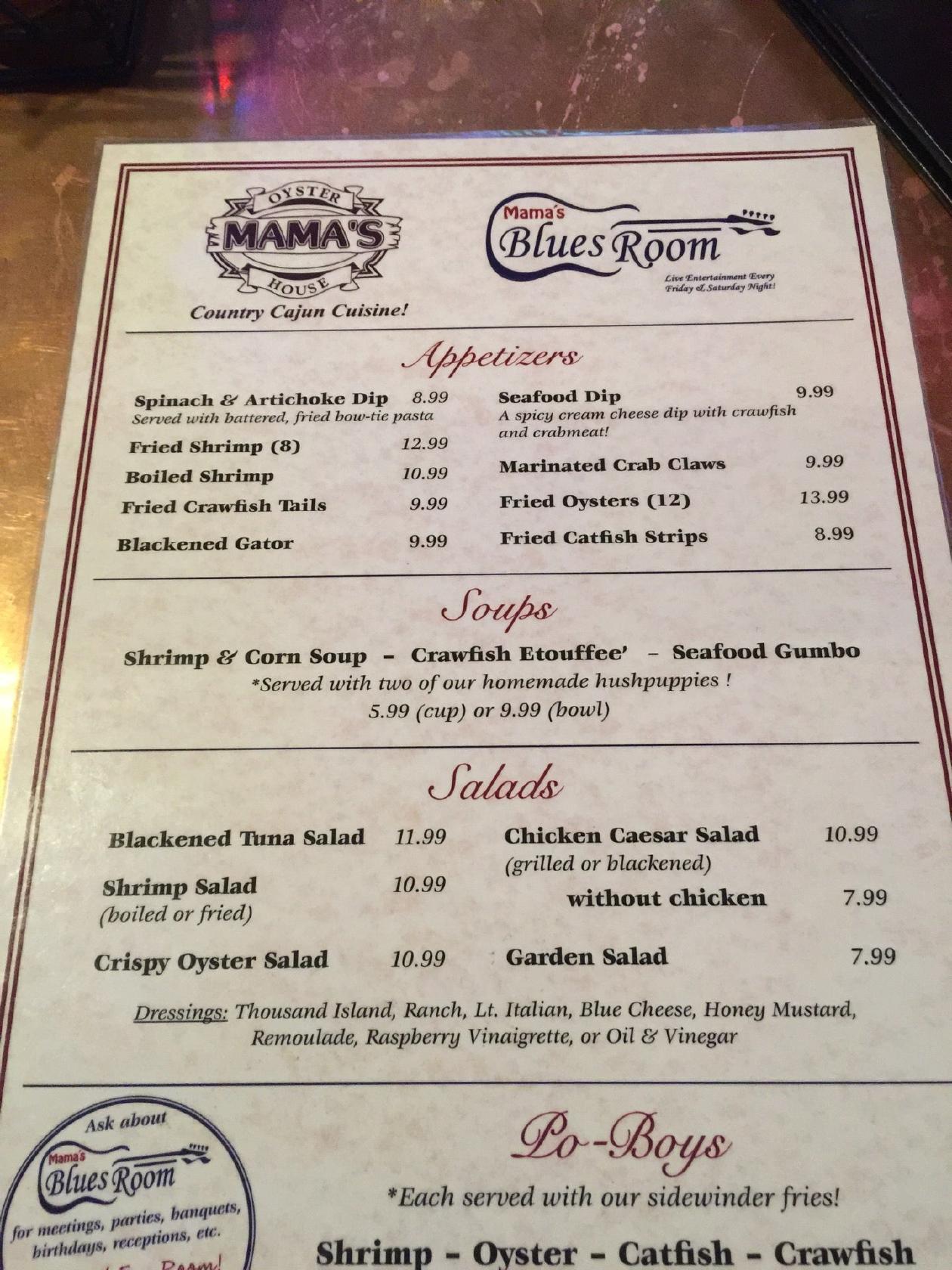 Menu at Mama's Oyster House steakhouse, Natchitoches
