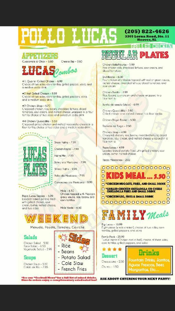 Menu at Pollo Lucas restaurant, Hoover