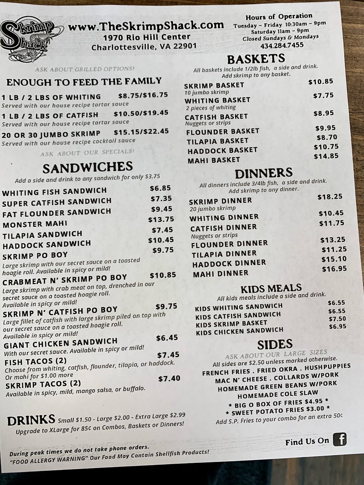 Menu at Skrimp Shack restaurant, Charlottesville, Rio Hill Center