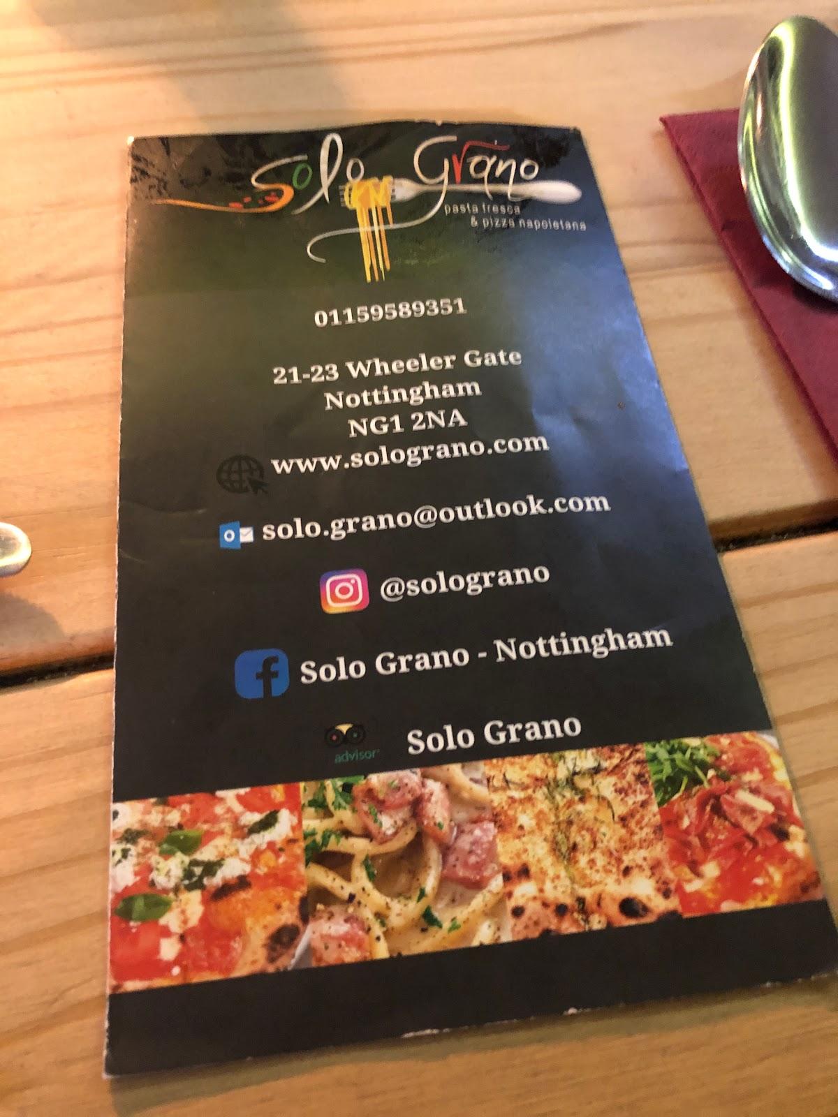 Menu at Solo Grano restaurant, Nottingham
