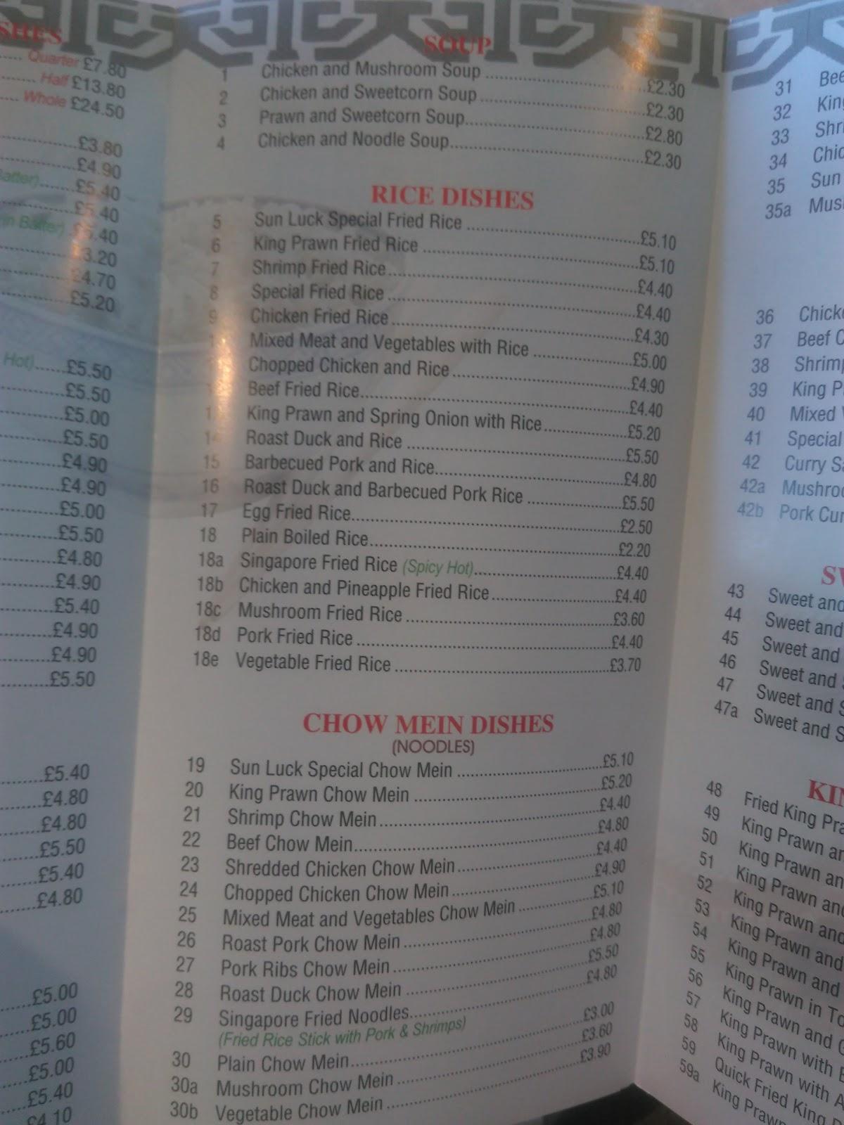 Menu at Sun Luck fast food, Wisbech